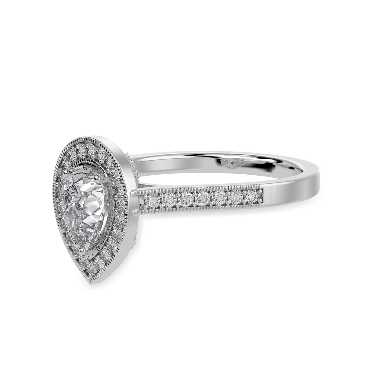 30-Pointer Pear Cut Solitaire Halo Diamond Shank Platinum Ring JL PT 1