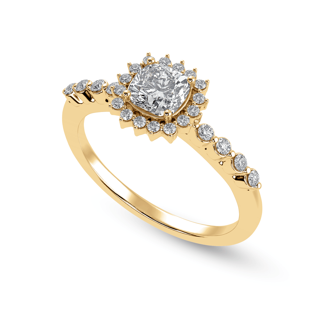 50-Pointer Cushion Cut Solitaire Halo Diamond Shank 18K Yellow Gold Ri ...