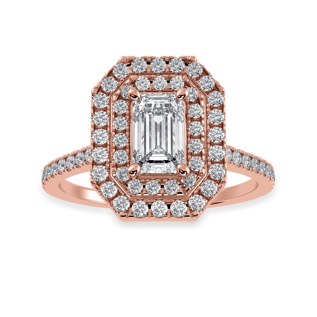 50-Pointer Emerald Cut Solitaire Double Halo Diamond Shank 18K Rose Go ...