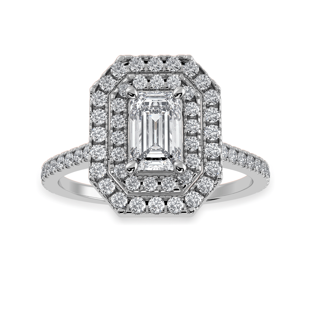 50-Pointer Emerald Cut Solitaire Double Halo Diamond Shank Platinum Ri ...