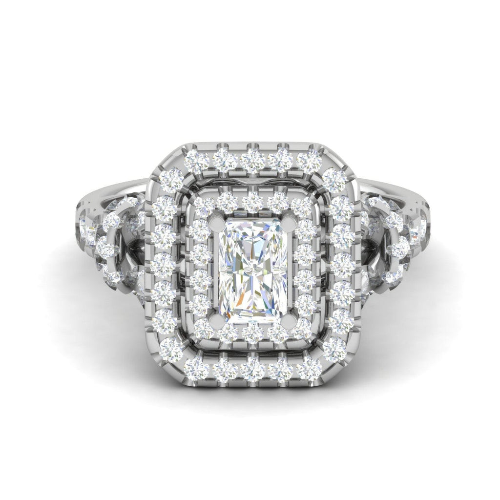 50-Pointer Emerald Cut Solitaire Double Halo Diamond Shank Platinum Ri ...